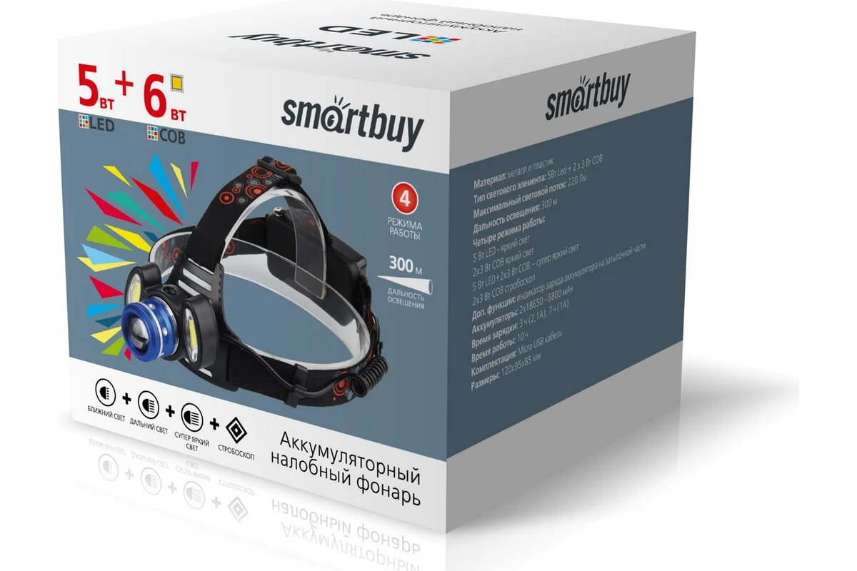 Smartbuy Аккумуляторный налобный фонарь LED 5 Вт и COB 2×3 Вт SBF-HL028 для походов