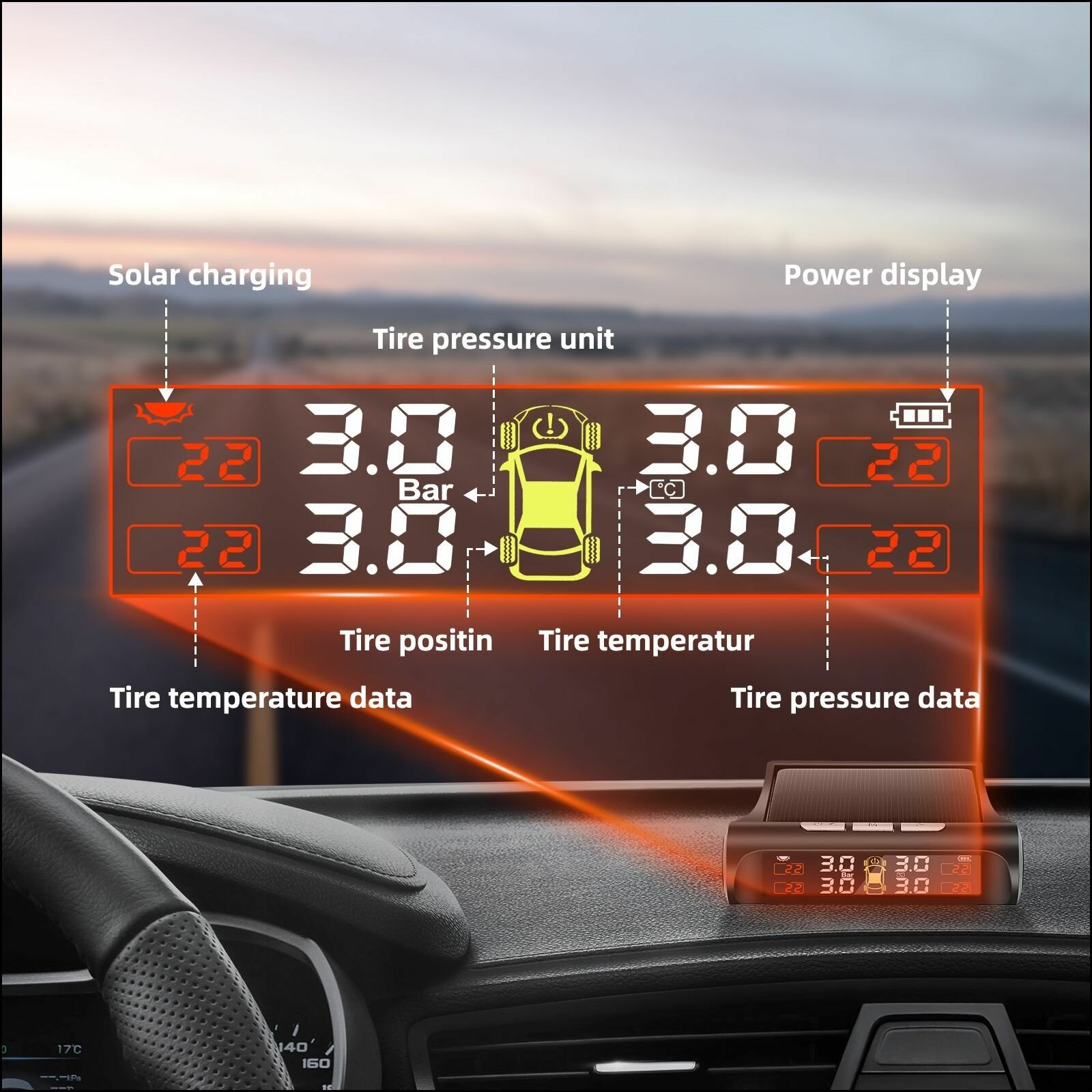 Современная система мониторинга давления и температуры в шинах с 4 внешними датчиками, премиальный комплект с солнечной панелью, ЖК дисплеем и звуковым оповещением