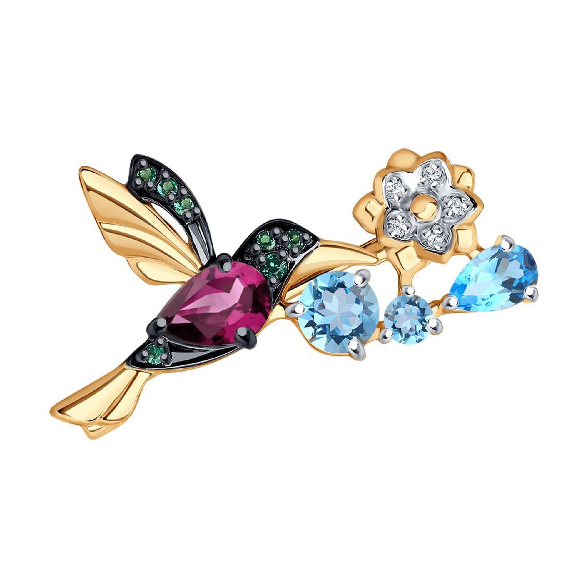 Брошь, красное золото, 585 проба, родолит, топаз, фианит