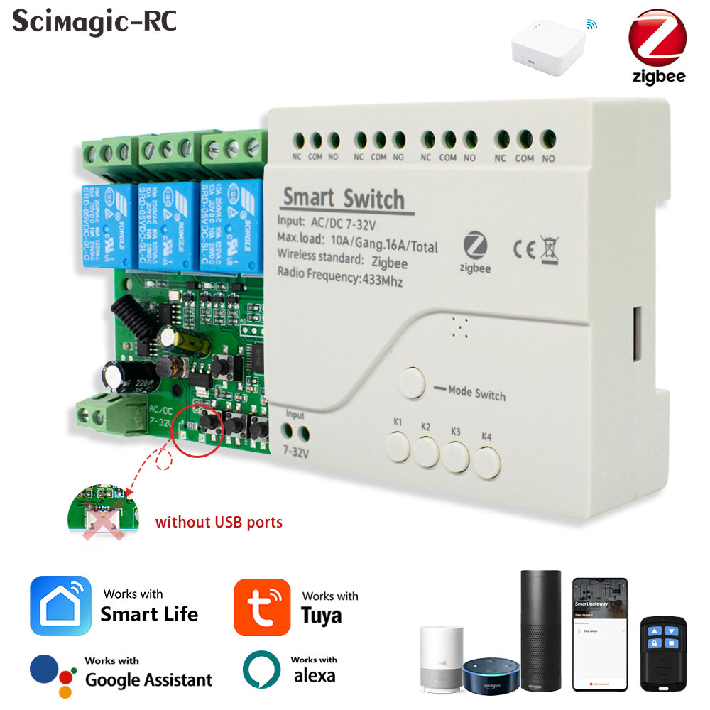 Умное реле Zigbee + RF на AC DC 7-32V, 10А на четыре канала