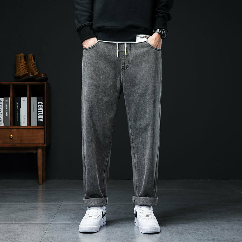 Охоты Брюки JYL Чистый цвет Джинсы муж. тренд свободн. прямой нога штаны муж. эластич. пояс папа штаны муж. япон. Харлан джинсы муж. Грей/34