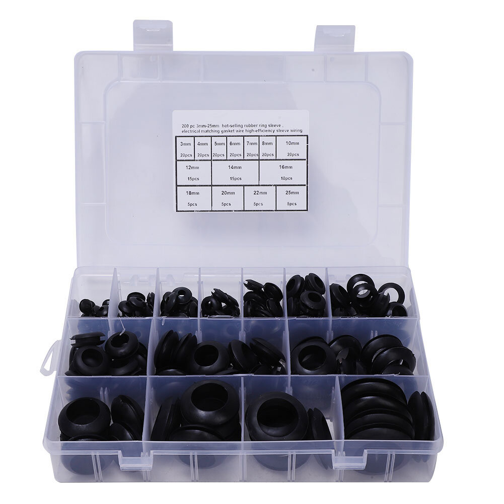 200 шт. уплотнительных колец из резины для проводов, заглушки отверстий 3~25 мм, прокладка для проводов и кабелей.