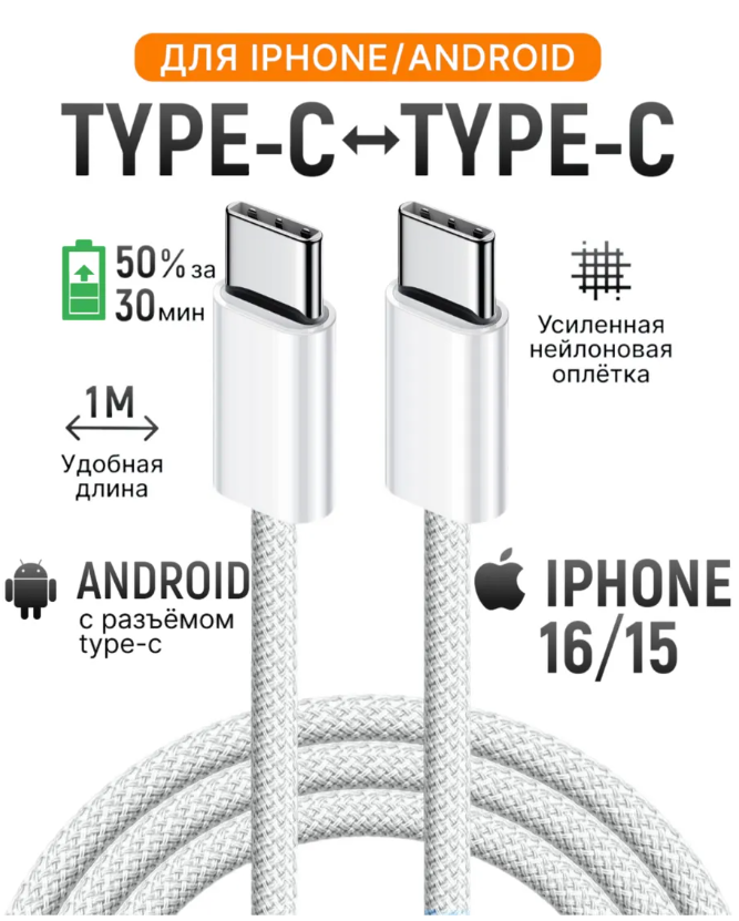 Кабель USB TypeC, для iPhone 17/16/15, IPad, MacBook, устройств на Android и других гаджетов, 60W, 1 м