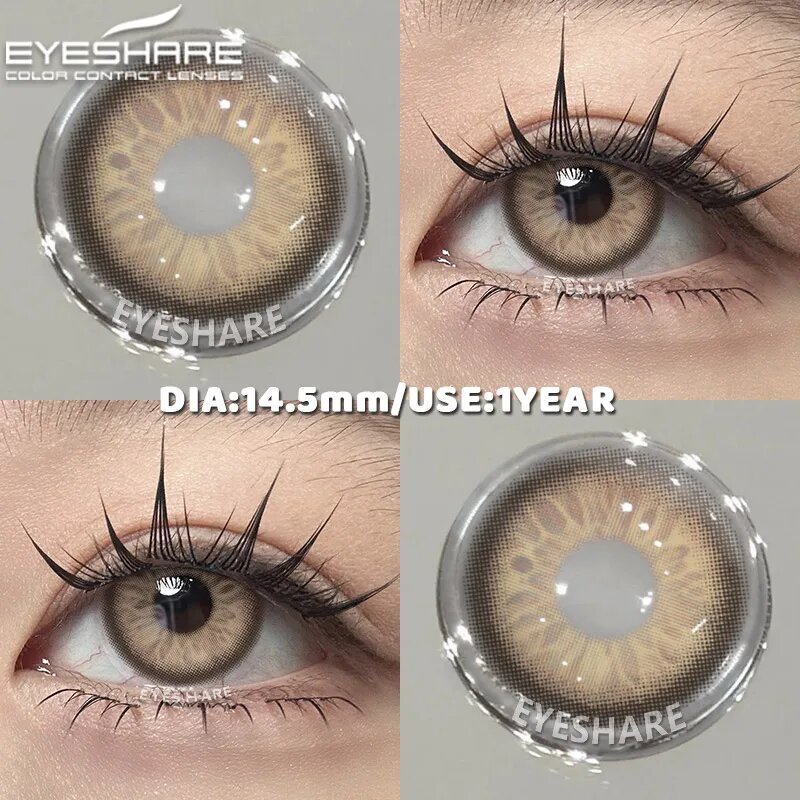 Контактные Линзы EYESHARE, 1 Пара, Цветные, Эффект Больших Глаз, Черные Линзы, Годовые, Одноразовые, Материал HEMA, Серые