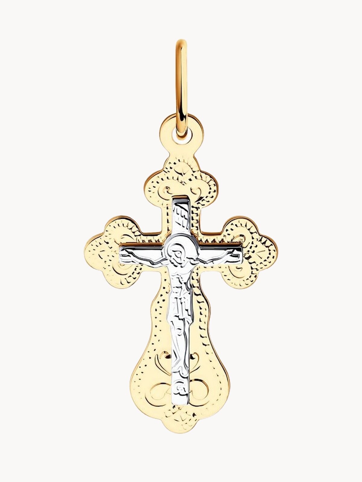 Крестик, комбинированное золото, 585 проба, гравировка