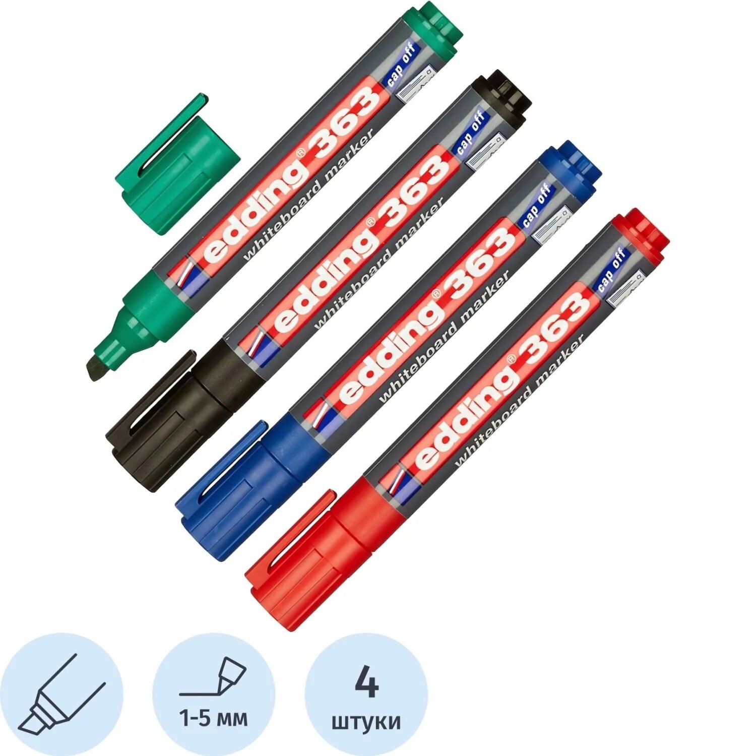 Набор маркеров для белых досок EDDING 363/4S, 1-5мм, cap-off, скошен наб 4цв