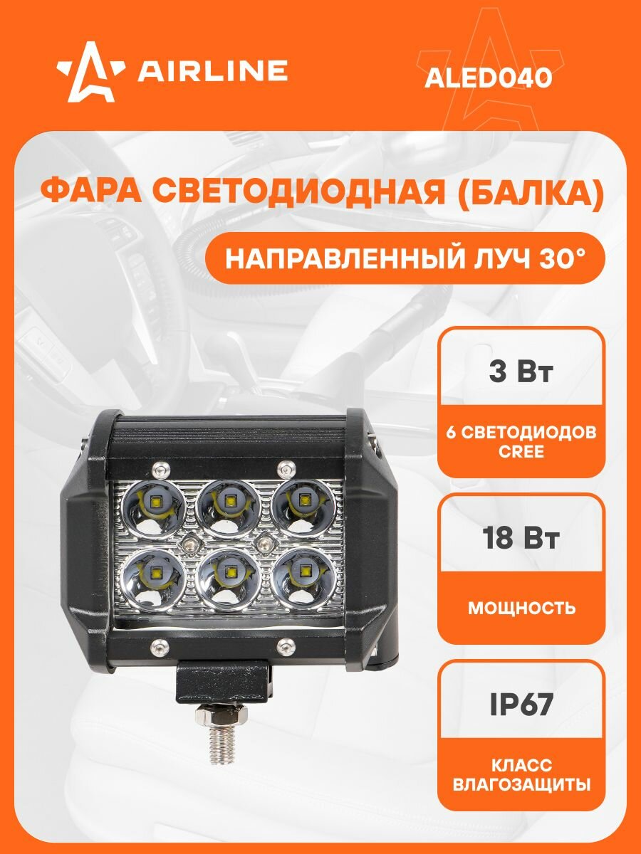 Балка 2 шт светодиодная на автомобиль двухрядная, 6 LED направленный свет, 98х78х65 мм 18 Вт 12/24 В AIRLINE ALED040