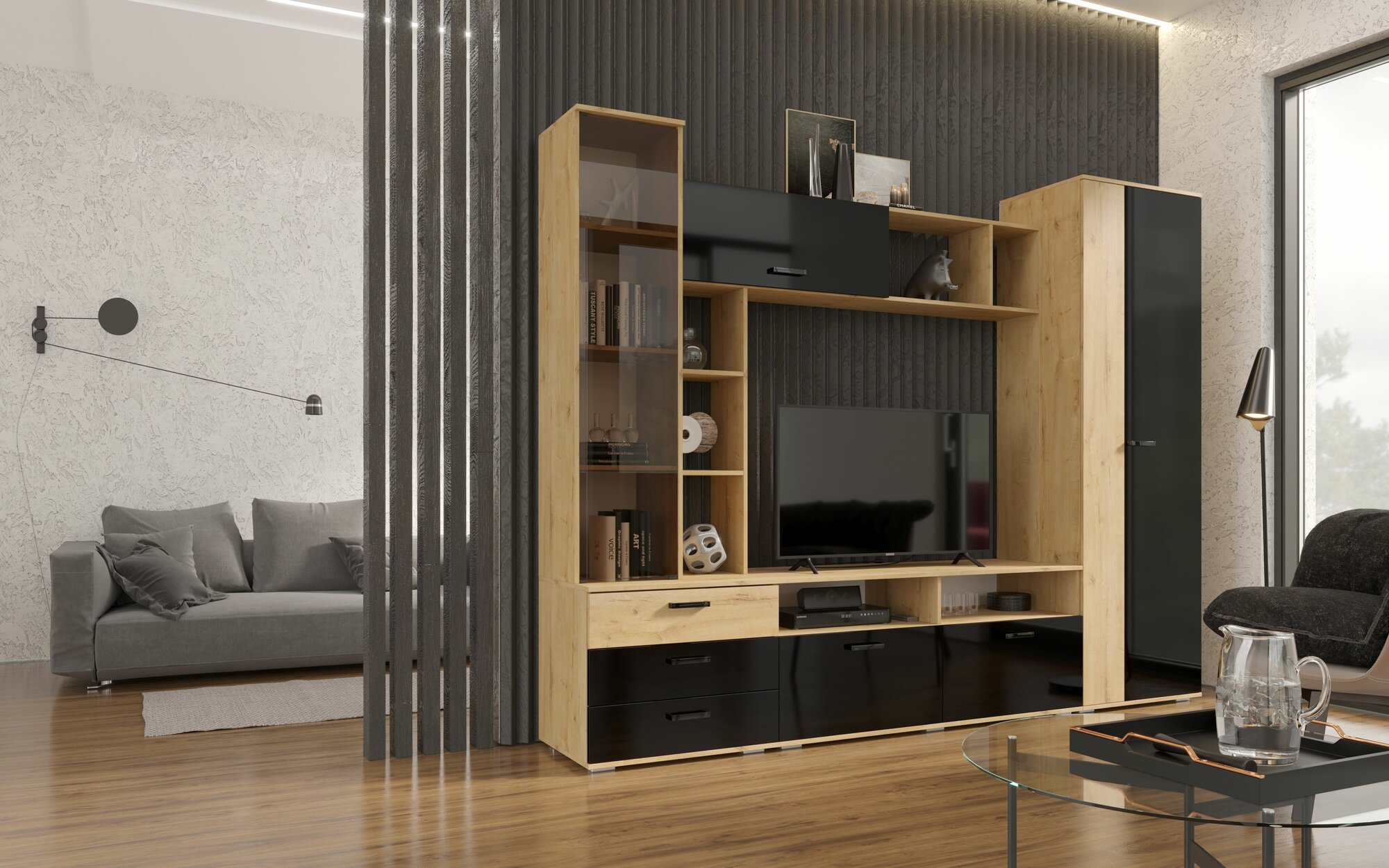 Гостиная Крокус корпус Дуб Вотан + Гостиная Крокус фасад Черный глянец (Эра)