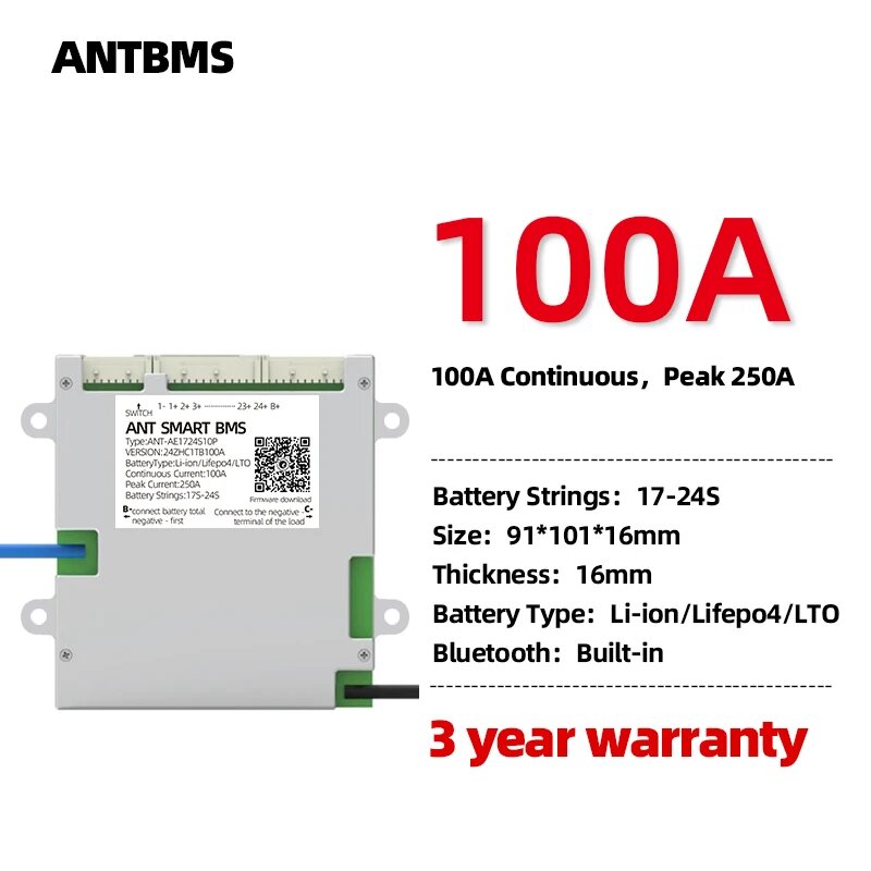 ANT BMS 100A, 17-24S, Bluetooth, Li-ion/LiFePO4/LTO
