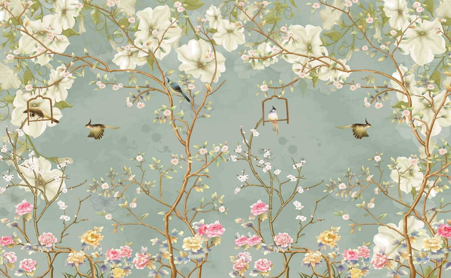 Фотообои Уютная стена "Бесподобный сад с цветами и птицами", флизелиновые, 440х270 см