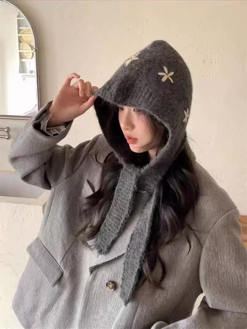 Балаклава красная шапка Баотоу теплая ветронепроницаемая защитная шапка для ушей шарф встроенный маленький цветок вязаная шерстяная шапка