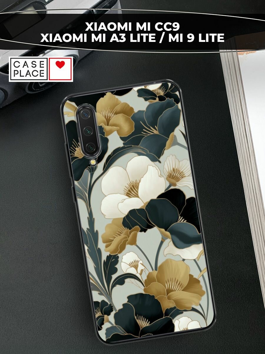 Чехол на Xiaomi Mi CC9/A3 Lite/9 Lite / Сяоми Mi CC9/A3 Lite/9 Lite с принтом Золотые и белые цветы