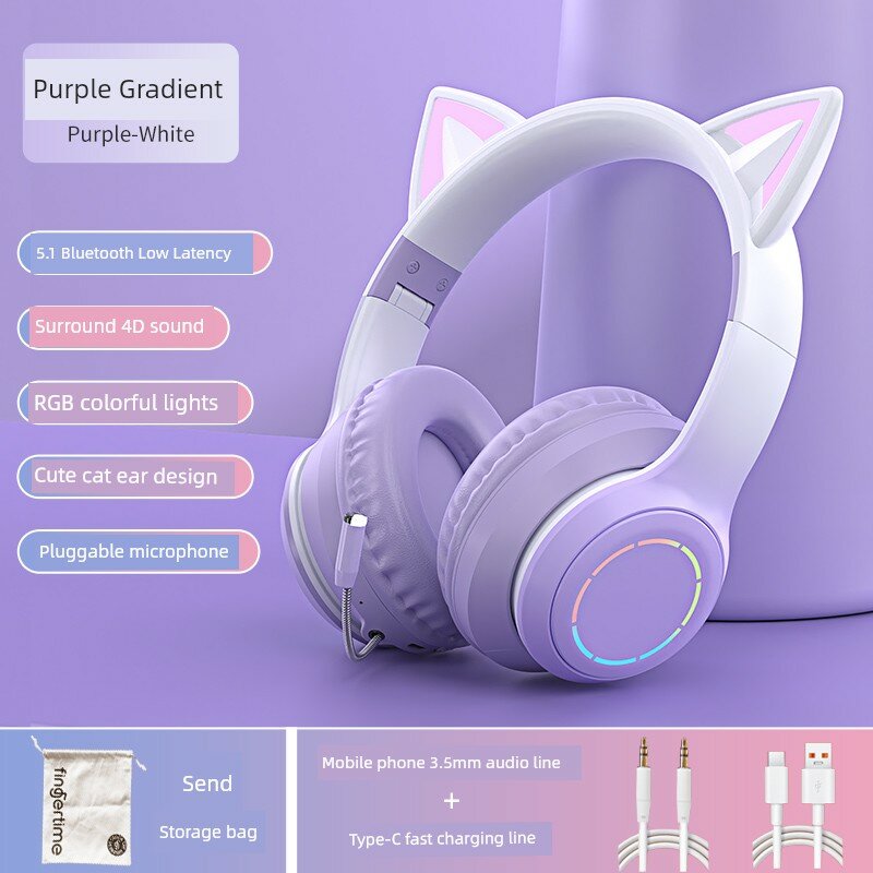 Оригинальные наушники-гарнитура с кошачьими ушками 5.1 Bluetooth для девочек, стерео с шумоподавлением, поддержка