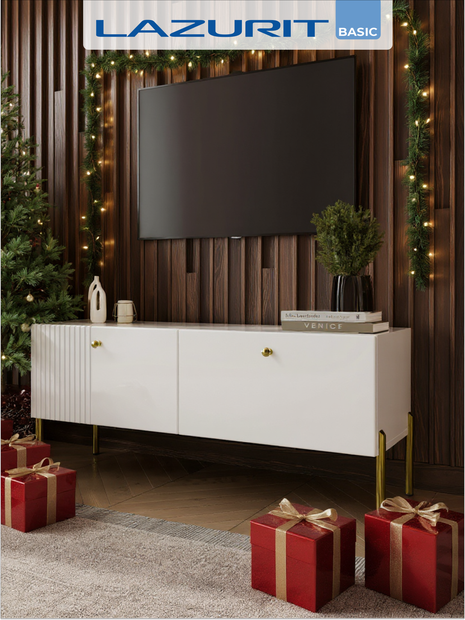 ТВ Тумба под телевизор напольная с ящиками Lazurit Opulentia комод под тв на ножках 116,6х45х36 см белая