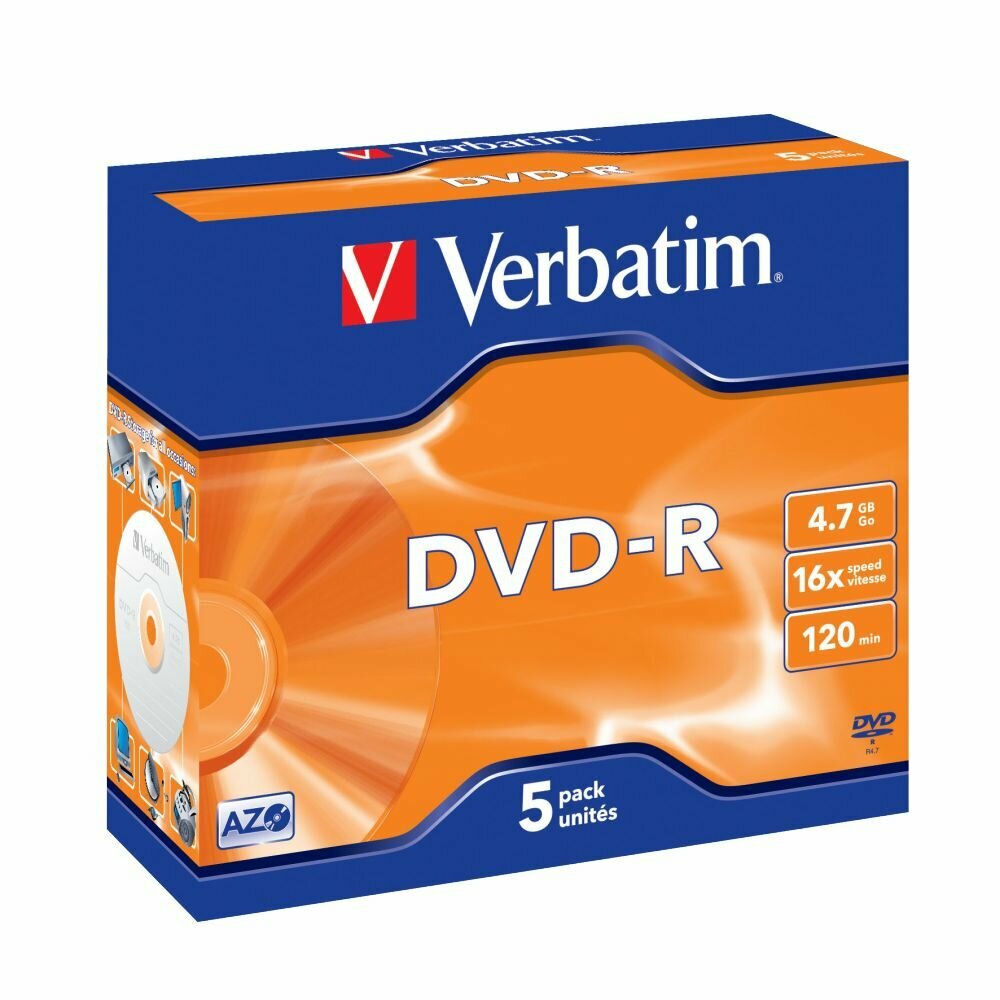 Оптические диски Verbatim для записи DVD-R 4.7 ГБ 16X AZO цвет серебристый матовый 5 шт. в коробках