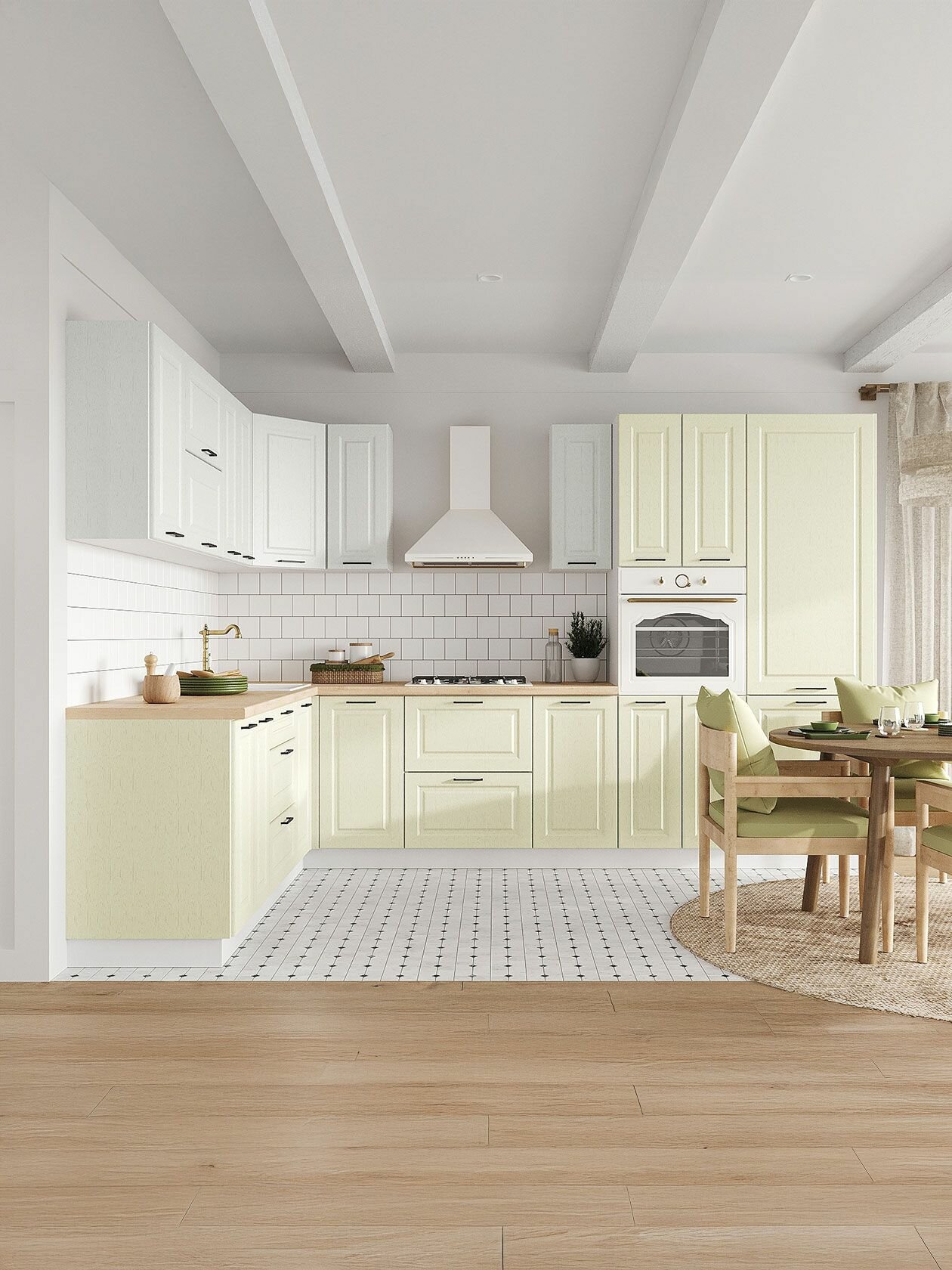 Кухонный гарнитур угловой Шервуд 3.2х2.2 м, мебель для дома и кухни, Белый / Арктик / Дуб кремовый