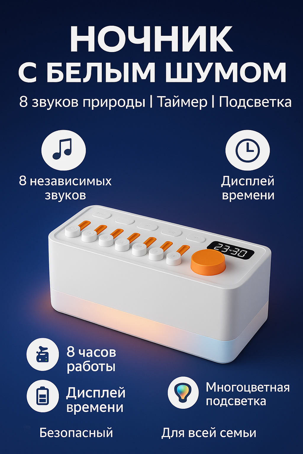 Ночник с белым шумом, таймер отключения，Bluetooth колонка, 7 цветов LED, подходит и взрослым