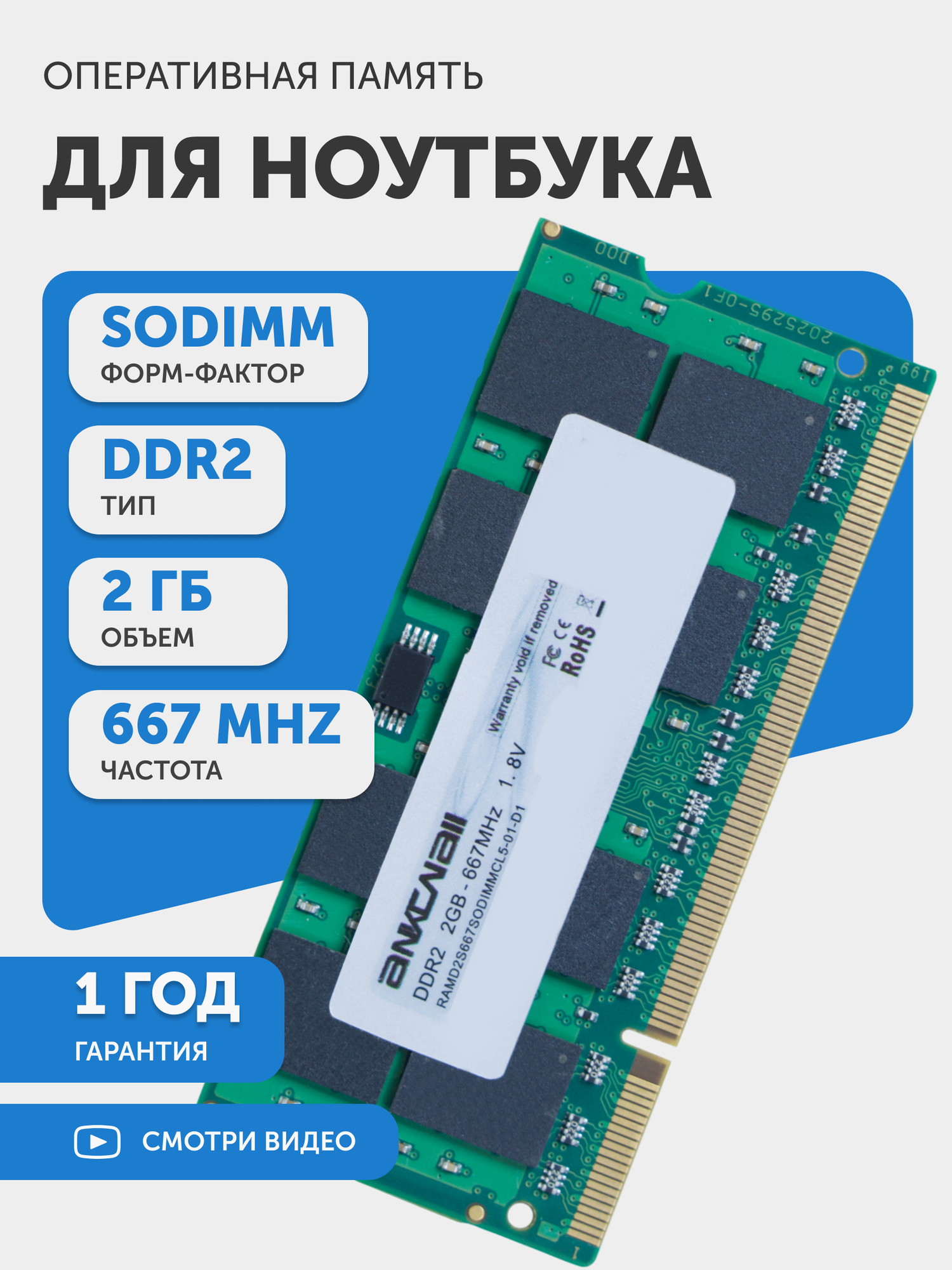 Модуль памяти Ankowall SODIMM DDR2, 2ГБ, 667МГц, PC2-5300, CL5 5-5-5-15