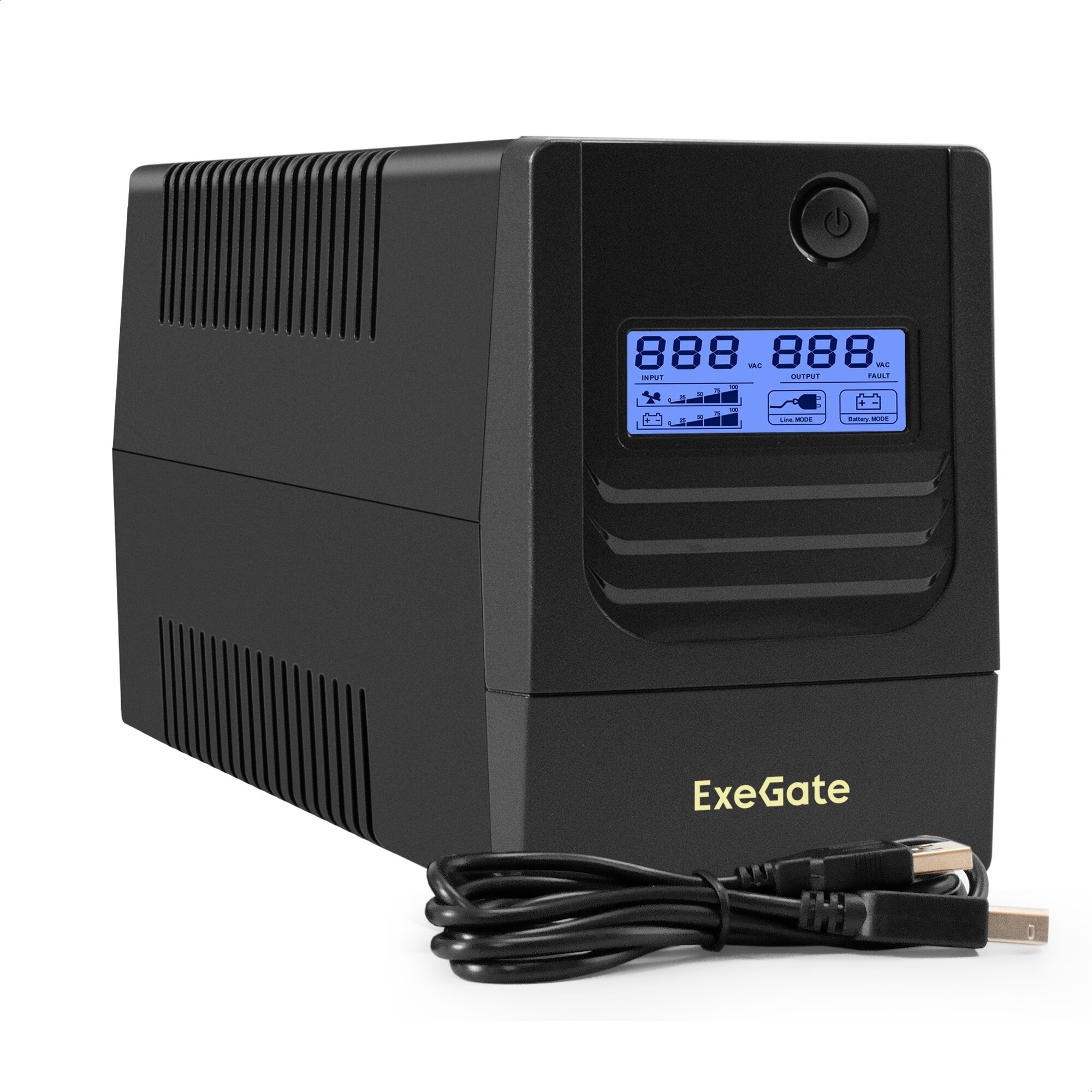 Источник бесперебойного питания ExeGate Smart LB-1000. LCD. AVR.2SH. USB (1000VA/650W, LCD, AVR, 2*Schuko, USB, батарея 12V 9Ah, черный)
