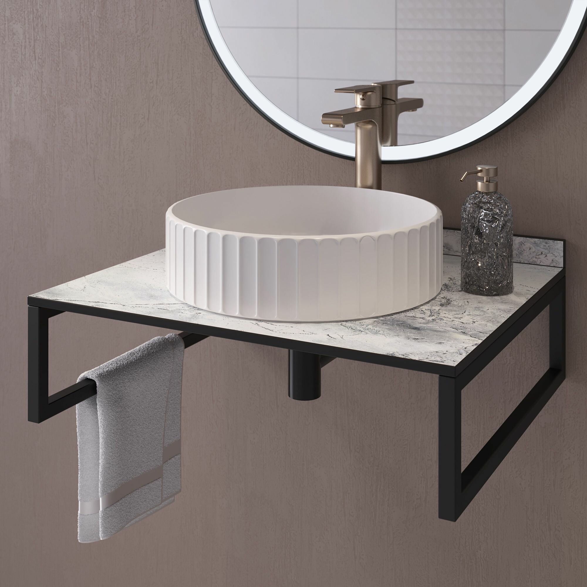 Столешница под раковину в ванную HPL Compact Кварцит Супербелый 600х500х16 мм с плинтусом, Slotex