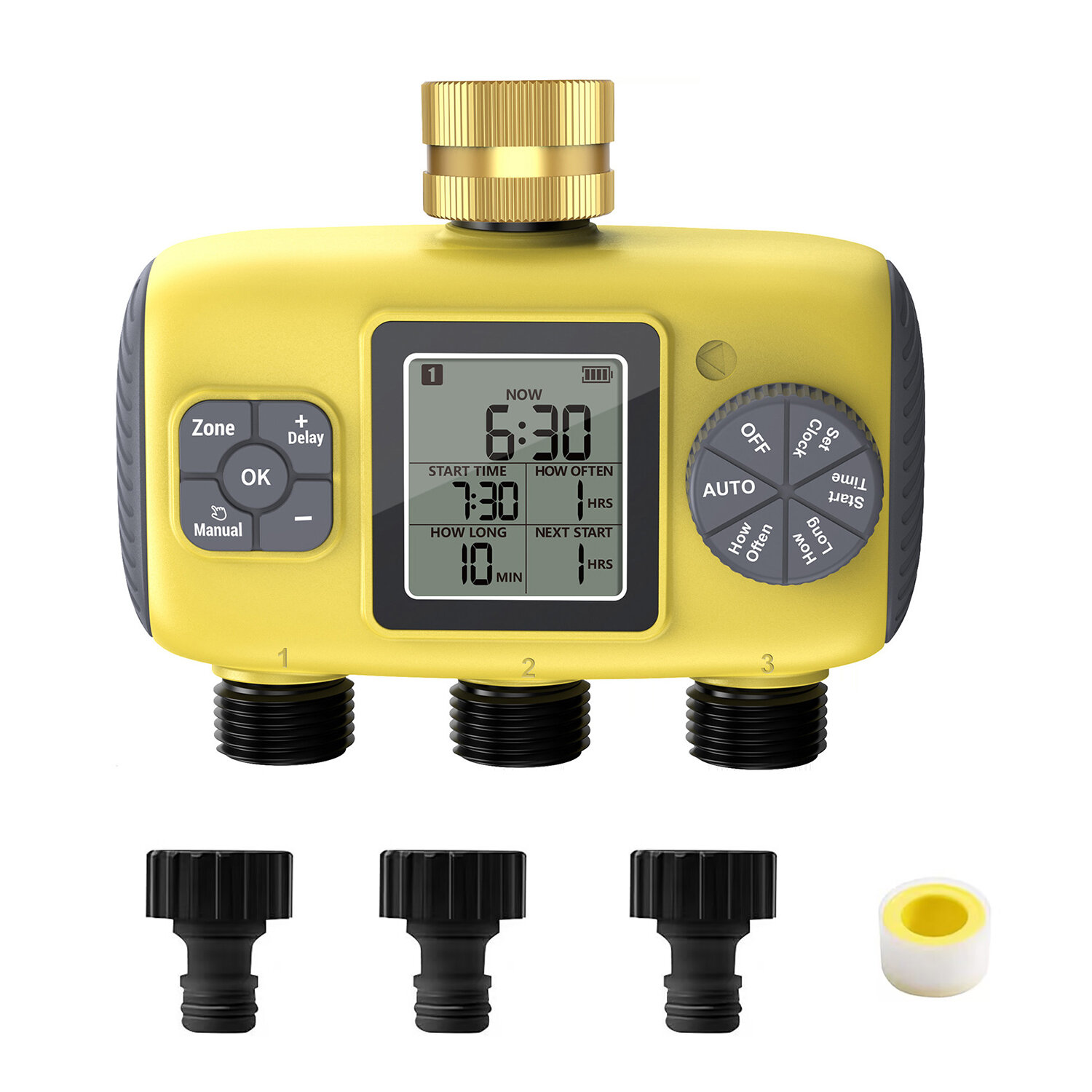 Умный контроллер полива, автоматический поливатель растений с тремя клапанами, таймер полива для открыточного двора, контроллер таймерного полива для сада, источник питания 4xAA батарейки (не включены), материал ABS+UV, напряжение 6V, время ожидания