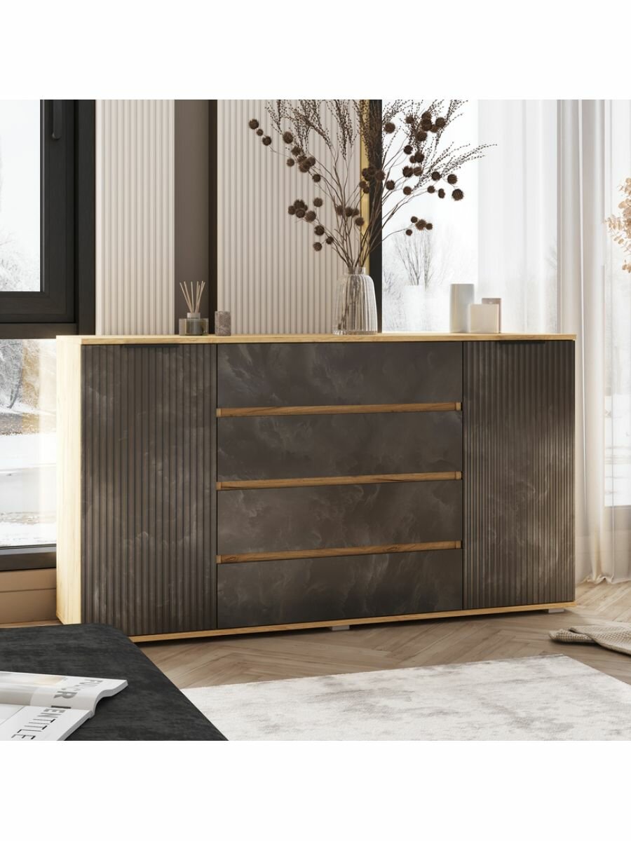 Комод Марвэл МДФ/ЛДСП 1600х900х450, Дуб крафт/Мальта Грей, с ящиками и полками, МИФ