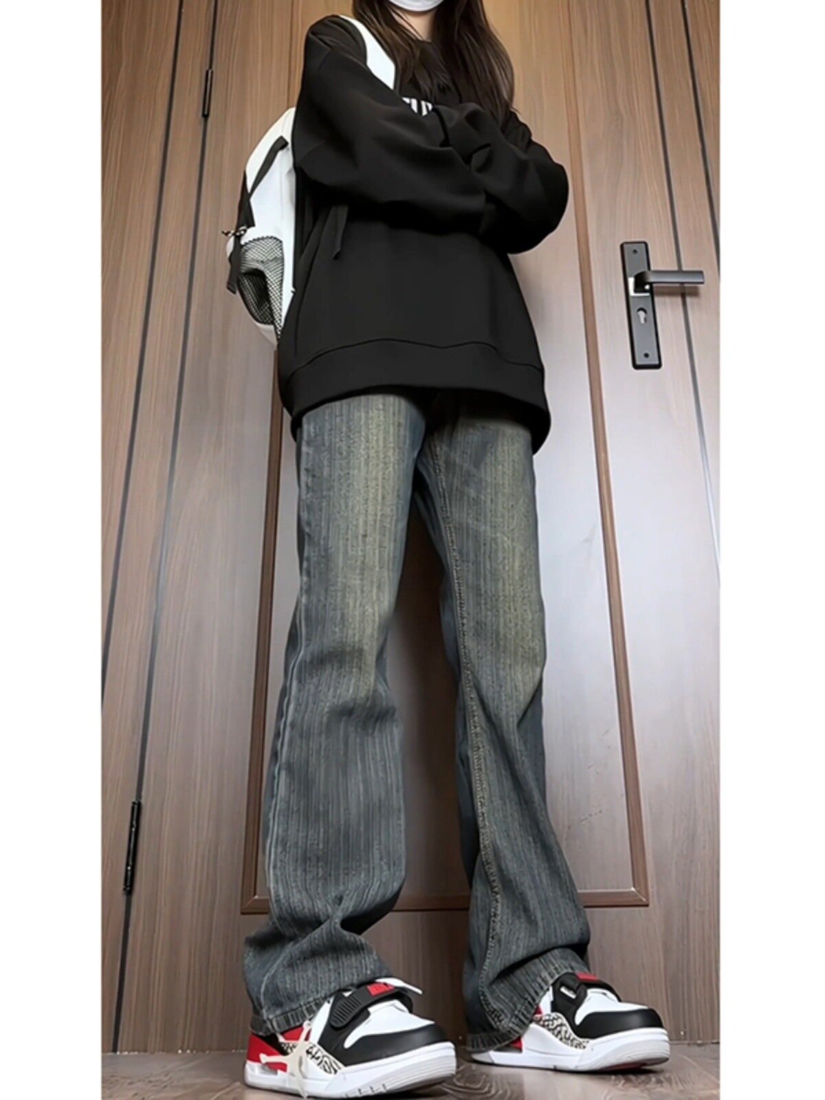 JYL Унисекс Джинсы Карго Серый Карман Высокий Улица Деним, Размер_L