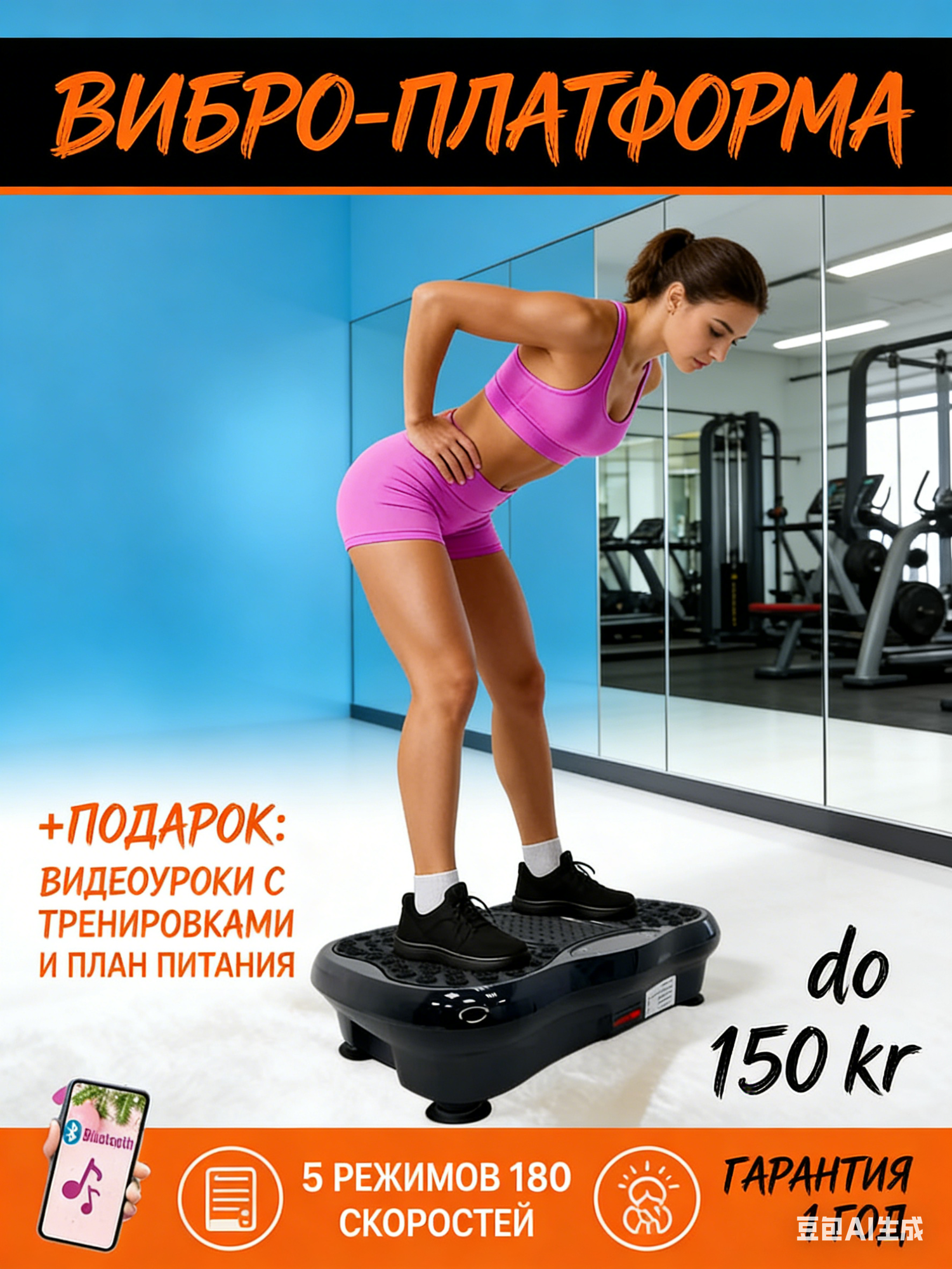 Виброплатформа для похудения 150 кг тренажер кардио степпер, пульт, чёрный, с Bluetooth