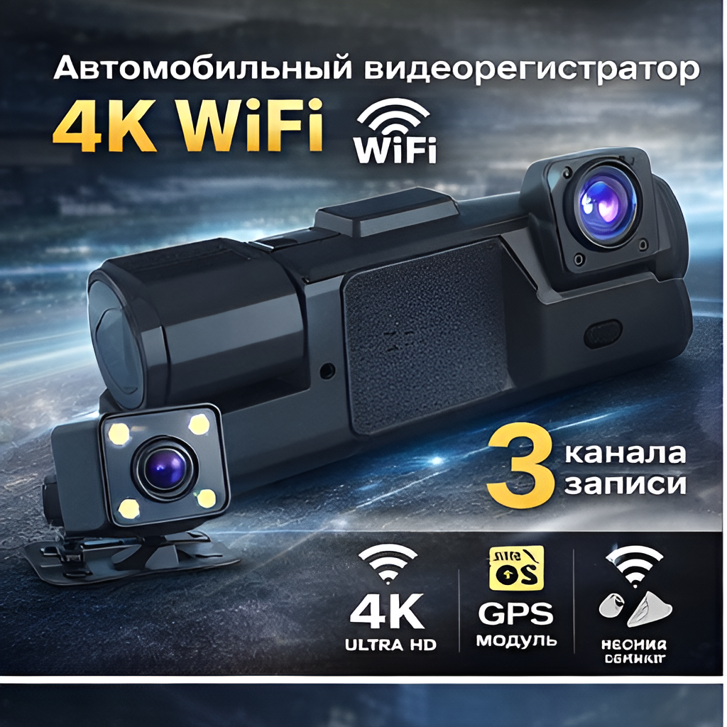 Автомобильный видеорегистратор 3 камеры 4K Wi-Fi GPS с режимом парковки и экраном