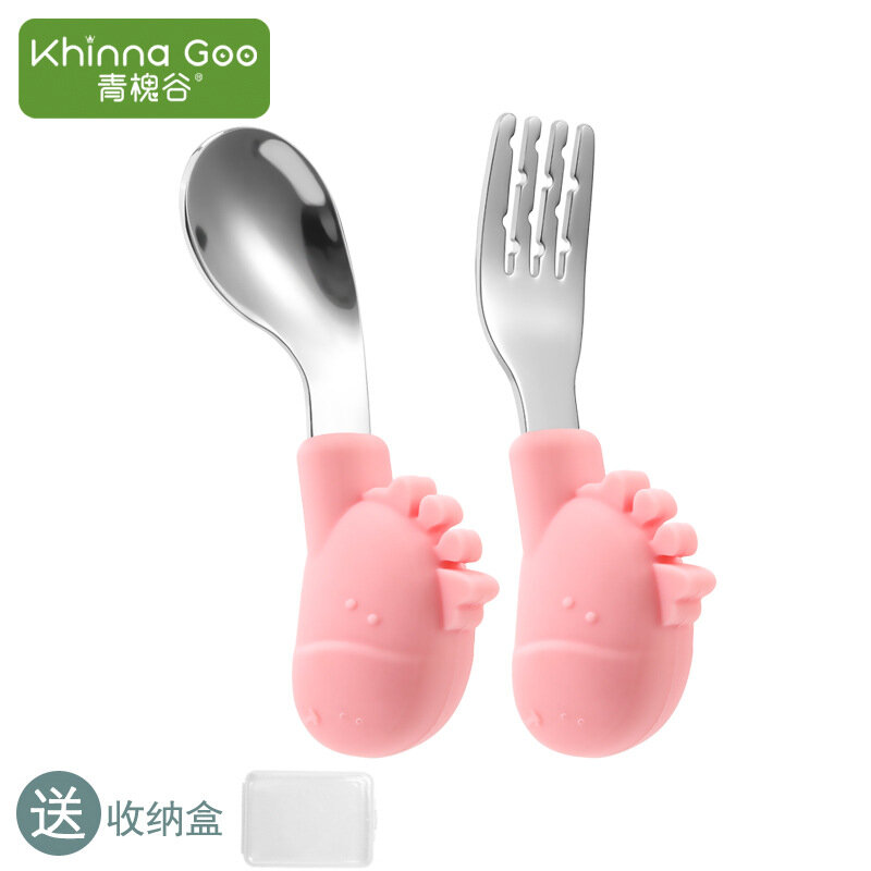 Вилка и ложка из нержавеющей стали Qinghuai Valley для обучения еде, короткая ручка, детская посуда, тренировочная вилка и ложка для детского питания