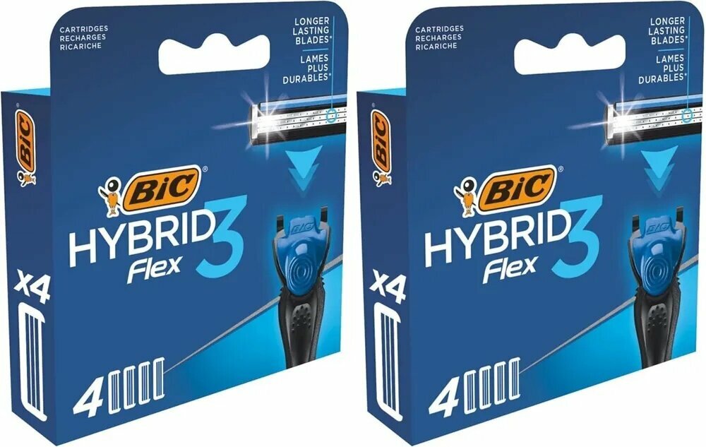 Сменные кассеты для бритвы BIC Hybrid 3 Flex, 4 шт, 3 титановых лезвия с нанотехнологиями, широкая смазывающая полоска с витамином E (4 x 2) 8 шт.