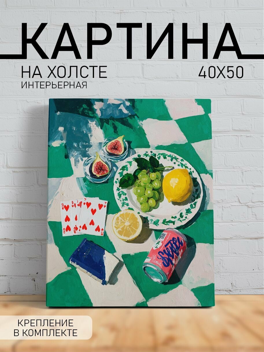 Картина на стену для интерьера на холсте с подрамником "Натюрморт. Лимоны. Карты", 40х50 см