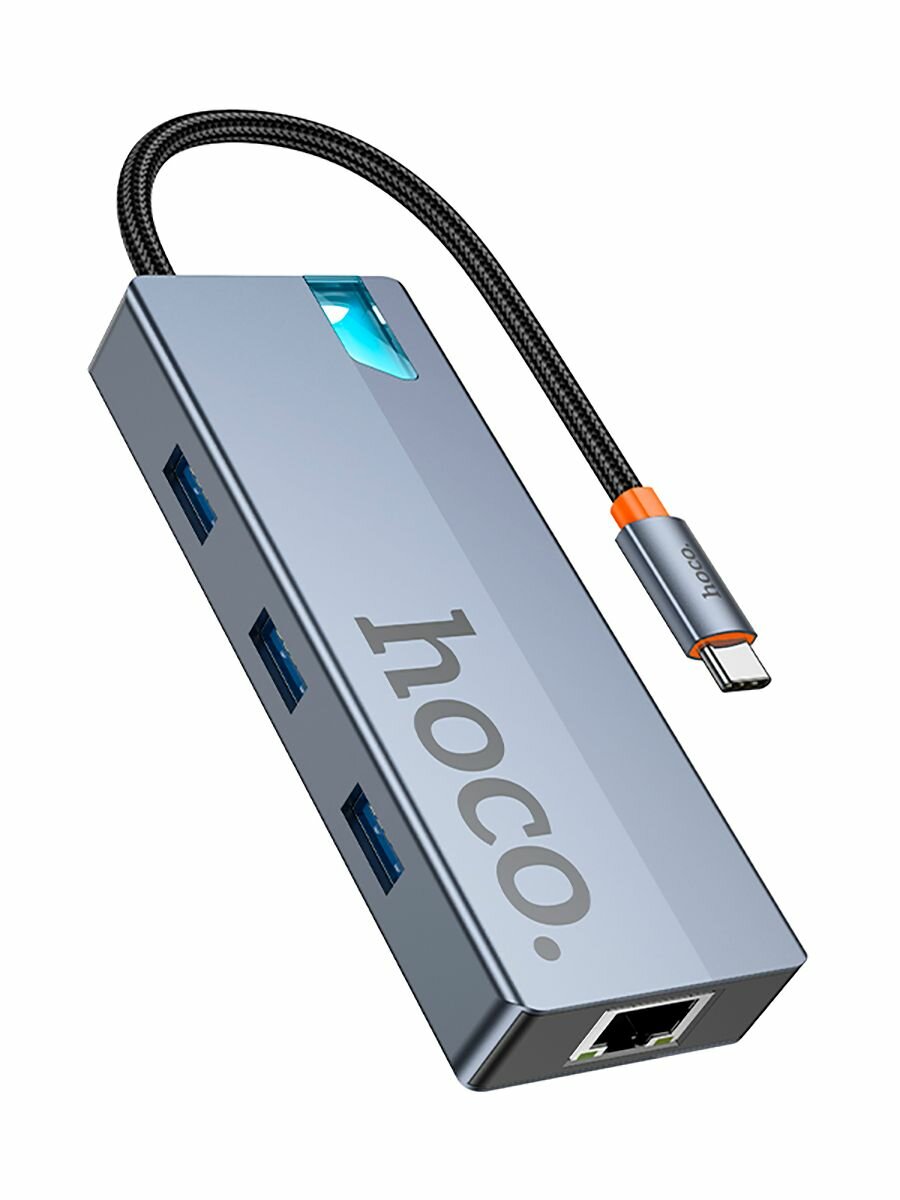 Адаптер-хаб Hoco HB51 (HDMI+RJ45+PD+USB3.0*3), серый металлик (USB концентратор-разветвитель / переходник для макбука)