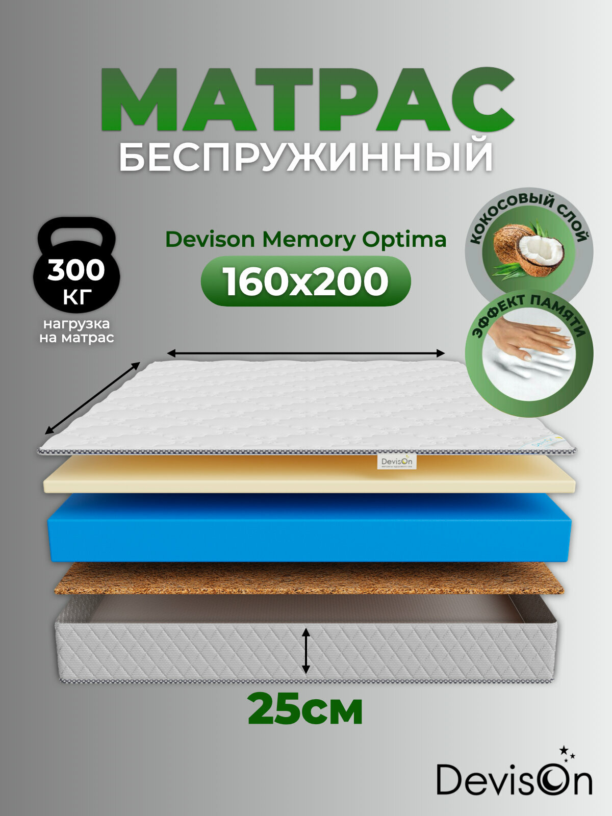 Матрас 160х200 беспружинный ортопедический с эффектом памяти Devison Memory Optima