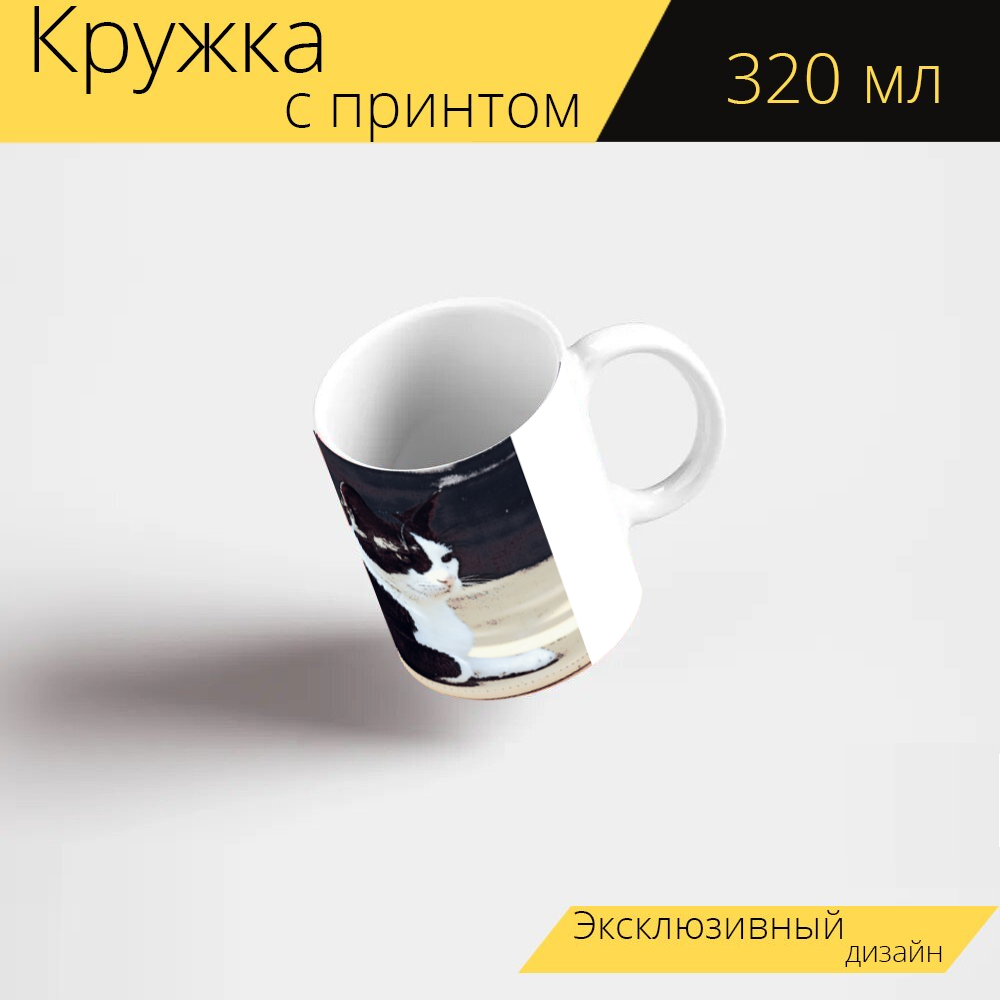 Кружка с рисунком, принтом "Черно-белая кошка художественный рендеринг черно-белого кота кошка коты кошачий домашние питомцы черно-белый свободно всеобщее достояние cc0" 320 мл.