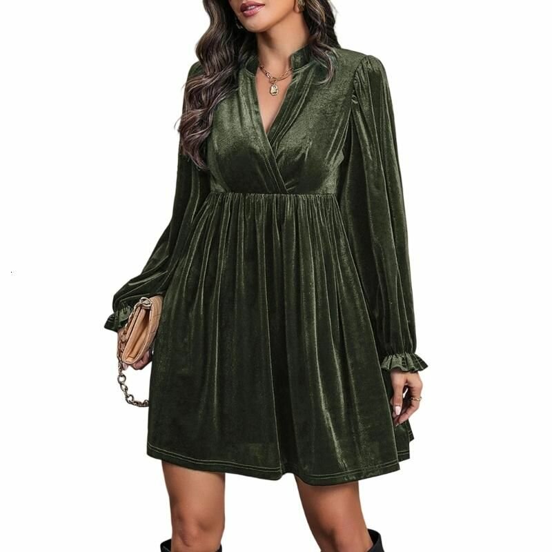 Женское бархатное платье с длинным рукавом, Армейский Зеленый - M
