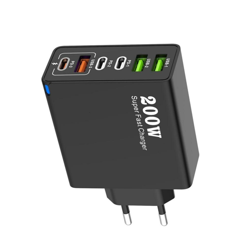 USB-зарядное устройство 200 Вт с 6 портами, Черный - EU