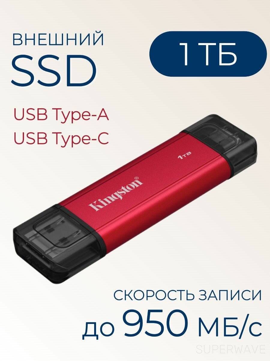 Kingston Dual Portable SSD 1 ТБ внешний SSD-диск USB 3.2, USB Type-C, USB Type-A, SPSD/1TB, красный
