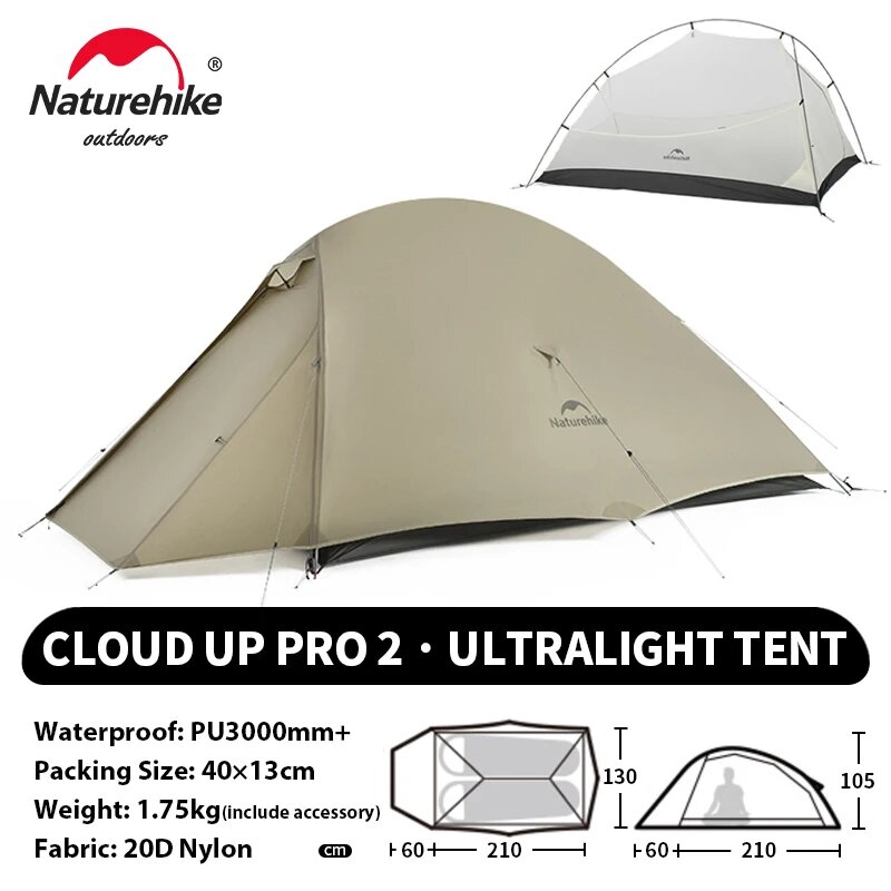 Палатка Naturehike Cloud Up для 2 человек Ультralight 20D Водонепроницаемая Палатка для Туризма, Пеших Походов, Путешествий, Пеших Походов, Велосипедных Походов, Рыбалки-Pro 20D Песок