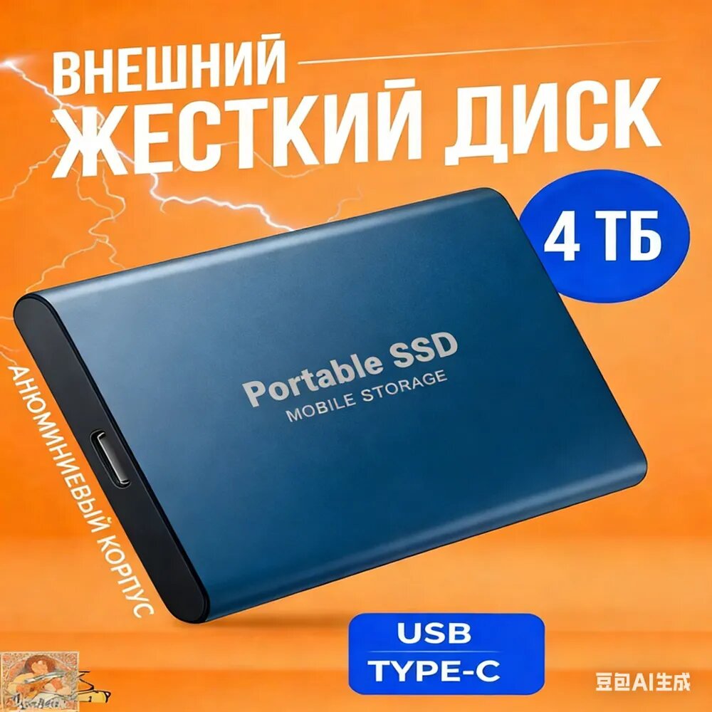4 ТБ Внешний SSD-диск (4T), USB 3.0, чтение - 500 Мб/с, запись - 500 Мб/с, Металл, синий, черно-серый yc