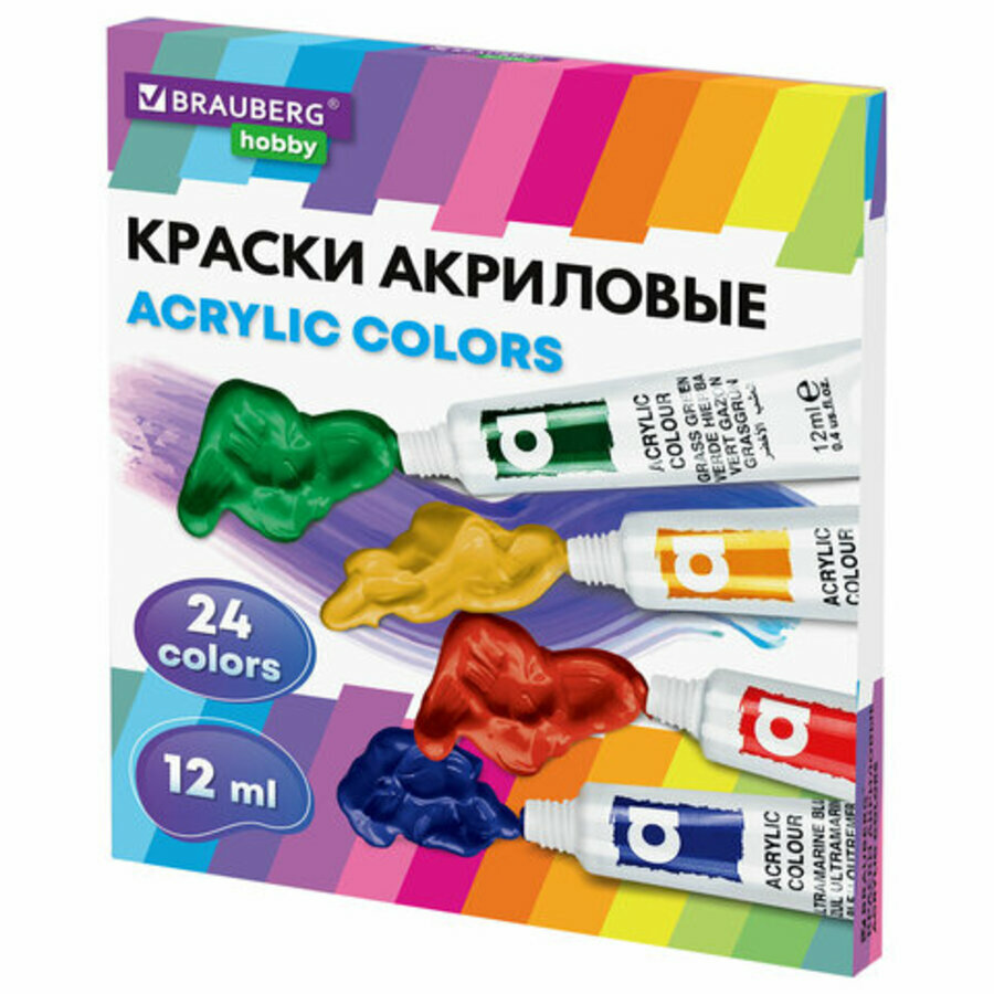 Краски акриловые 24цв 12мл туба карт. уп. художественные BRAUBERG 192404