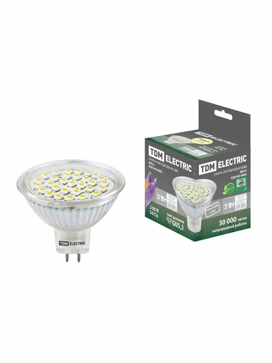 Лампа светодиодная MR16-3 Вт-220 В -3000 КGU 5,3 SMD TDM