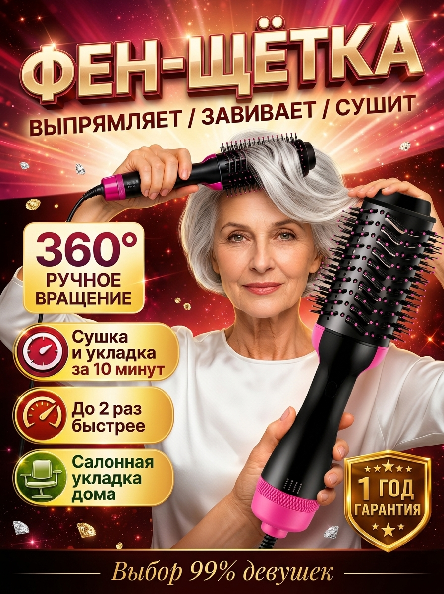Фен-щетка для волос / Расческа с ионизацией One Step Фен-щётка (расчёска-фен) для волос Hair Dryer 3 в 1