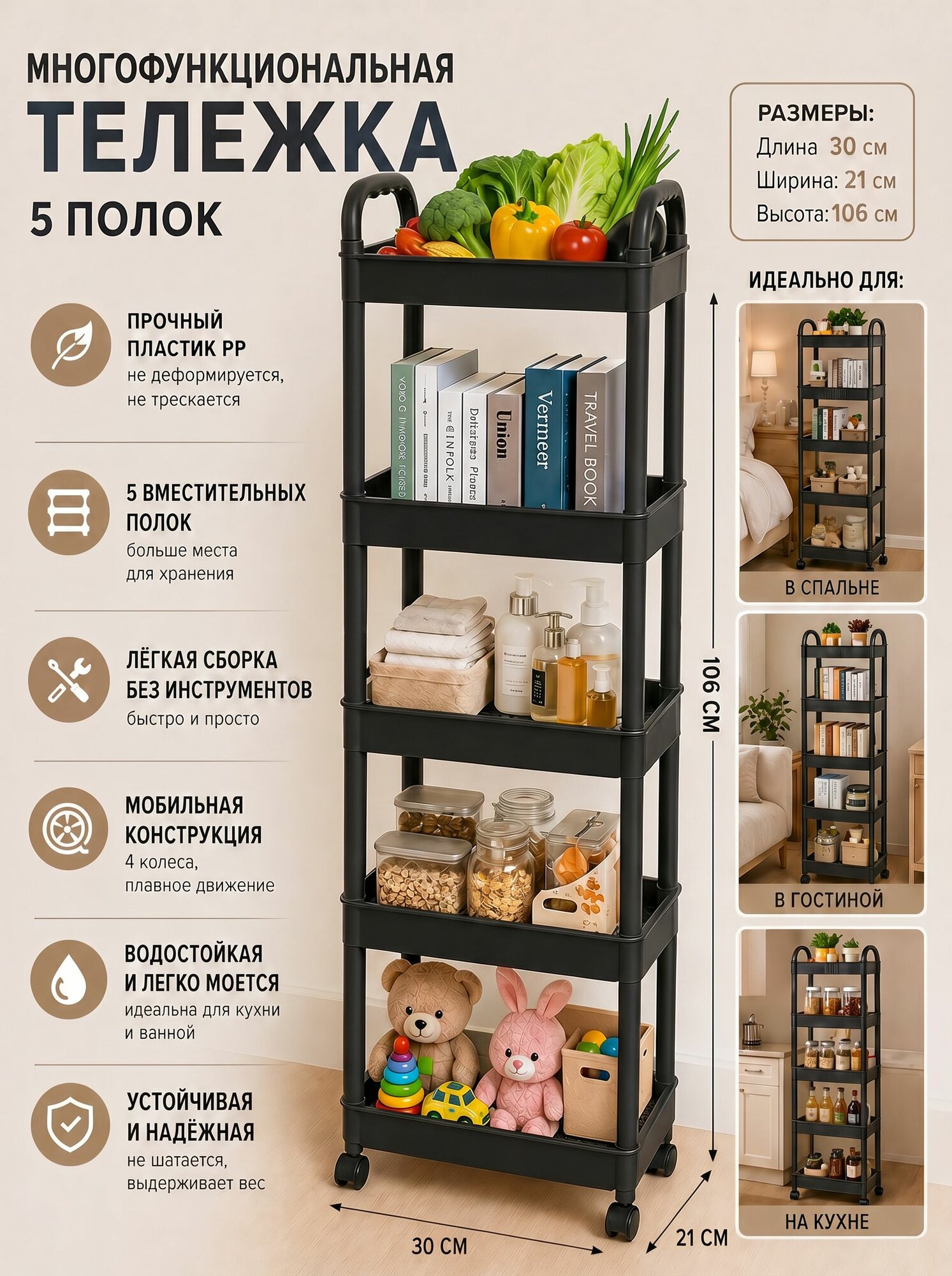 Этажерка, 5 секц, Пластик, 30х21х106 см