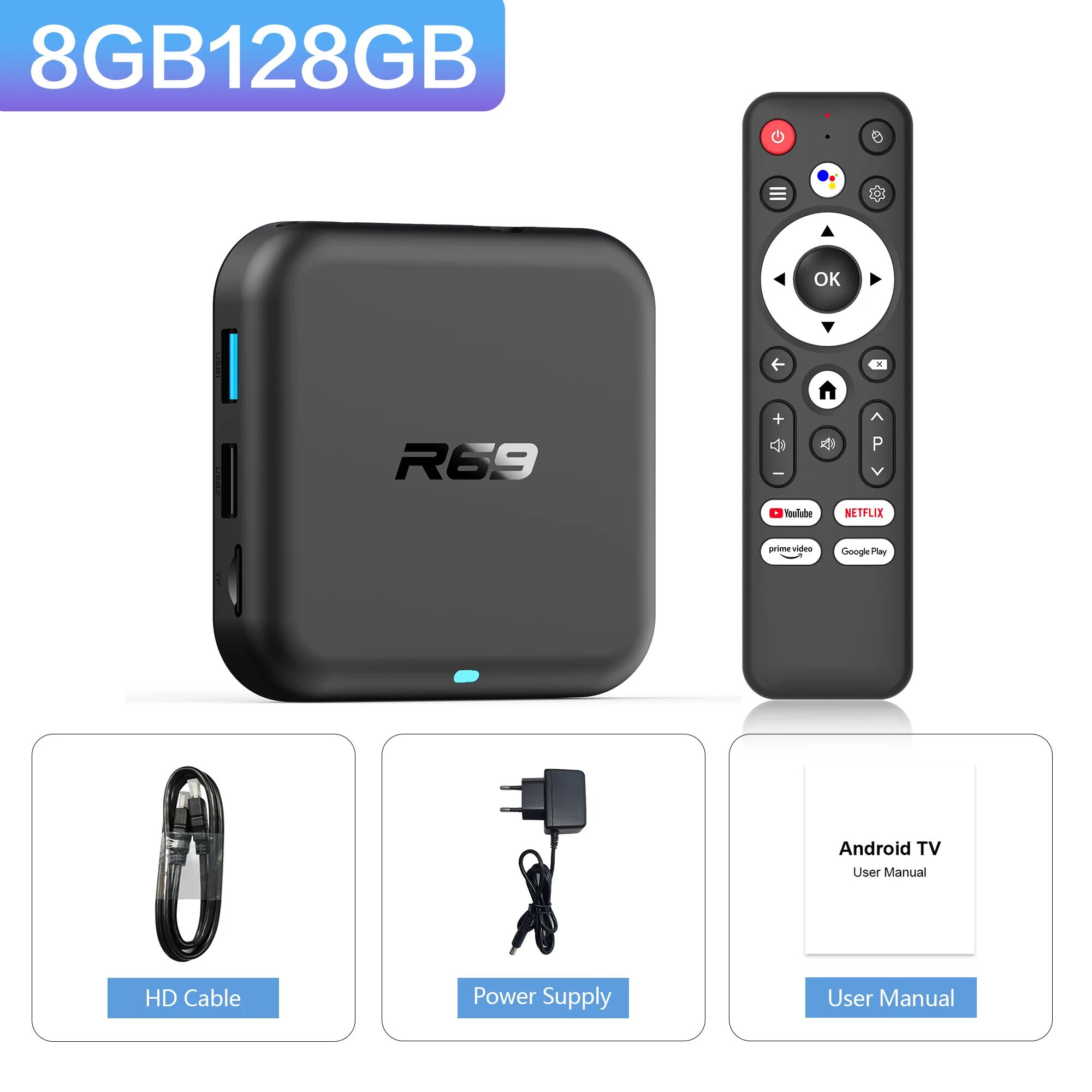 ТВ-приставка Smart TV Box Android 14.0 R69-1 4K RK3518 Bluetooth 5.0 WiFi 6 8 ГБ ОЗУ 128 ГБ Памяти, Многоязычная, Глобальная
