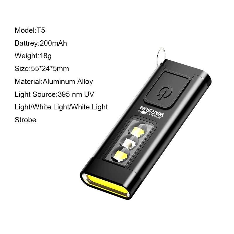 Фонарик WARSUN T5 Mini LED, карманный, 18 г, легкий, перезаряжаемый, 300 лм, с УФ-светом, для EDC, походов и кемпинга
