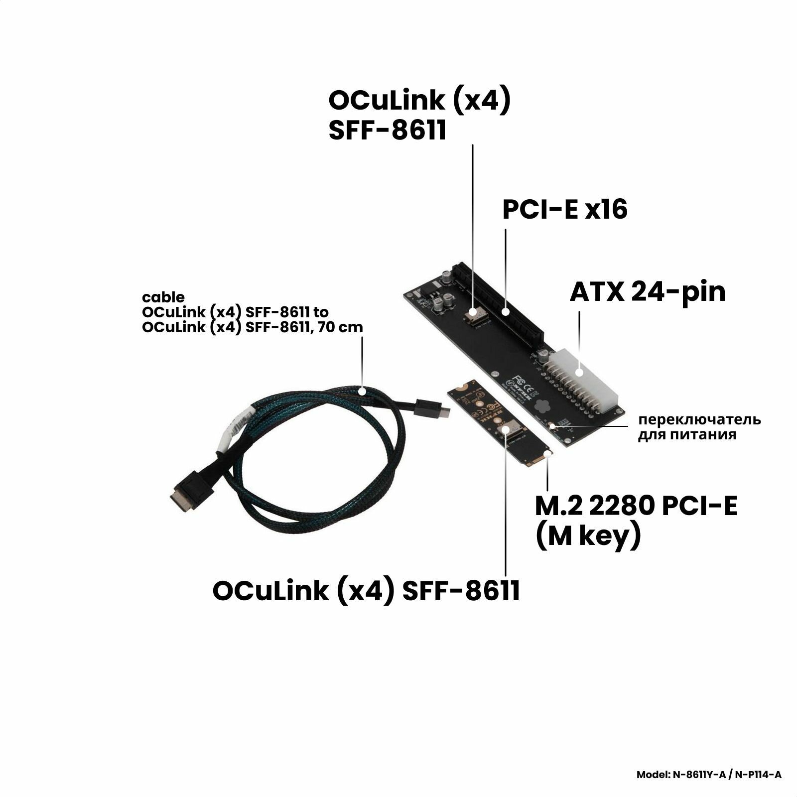 Плата расширения (райзер) M.2 2280 M key на PCI-E х16 с интерфейсным кабелем Oculink (x4) SFF-8611 to SFF-8611, доп. питание ATX 24 pin, черный, NFHK N-8611Y-A/N-P114-A
