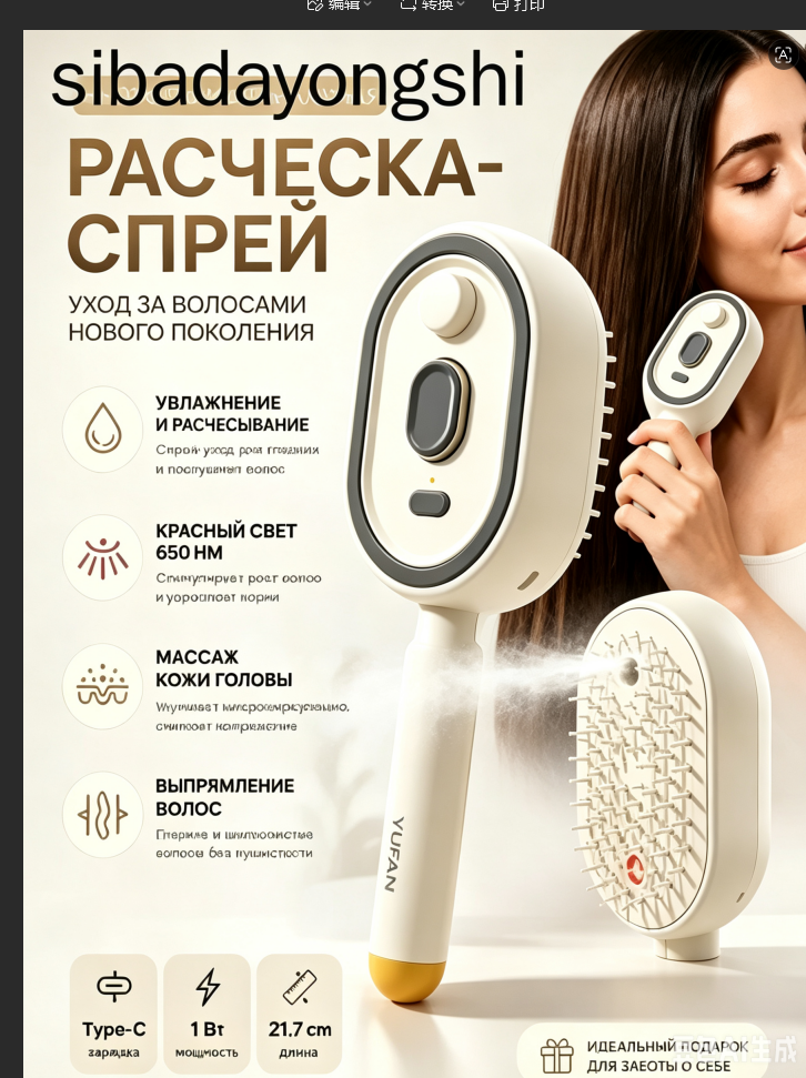 Паровой массажный спрей-расческа с увлажнением и Type-C зарядкой