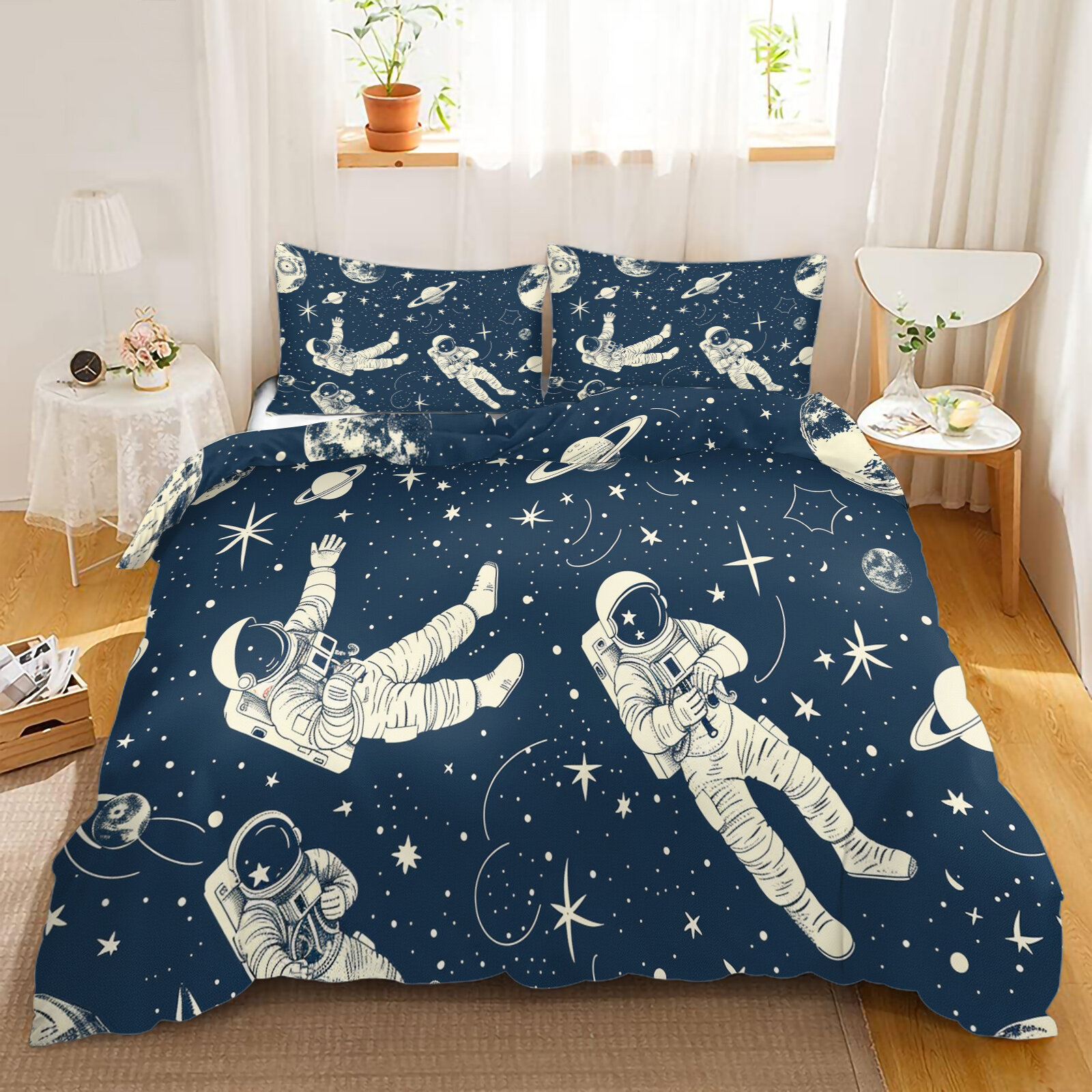 Космос Комплект постельного белья 1.5/2-сп/Евро 3 предмета 175x215cm Темно-Синий Mикрофибра 2 наволочки 70х70