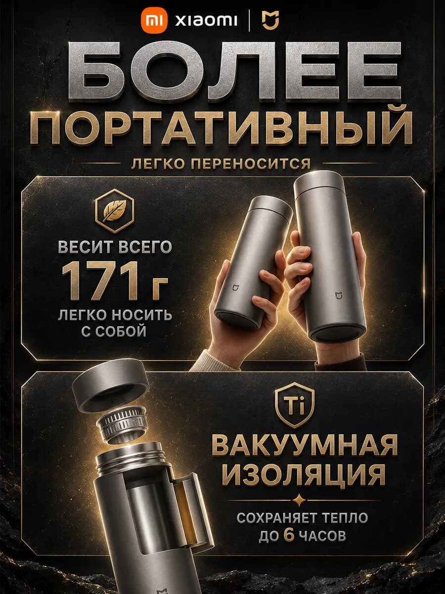 Термос Mijia Ti 2 объемом 480 мл для горячих и холодных напитков, компактный — фото 1